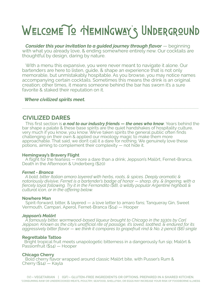 MENU – Hemingway's Underground