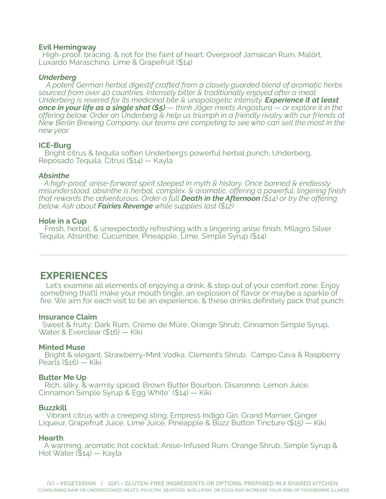 MENU – Hemingway's Underground