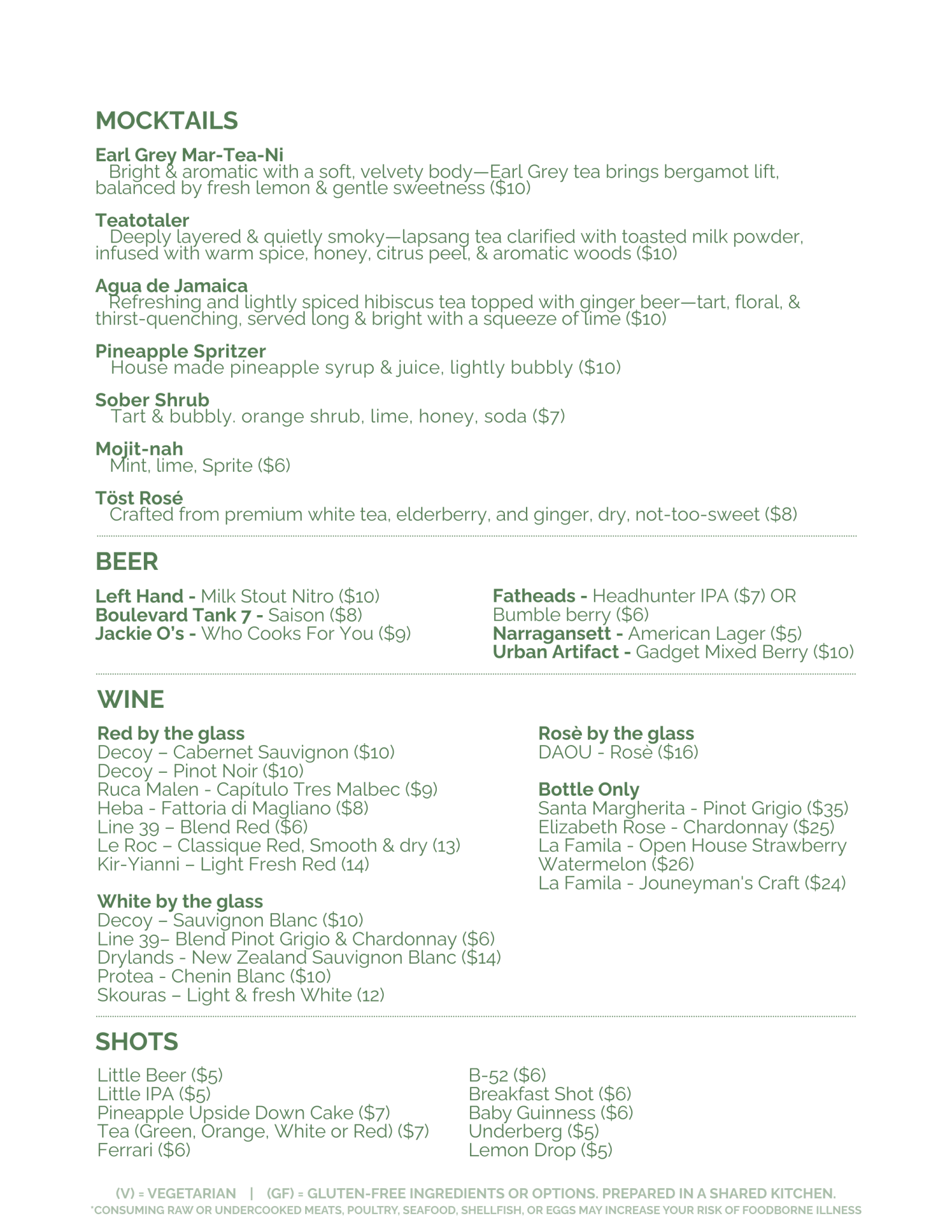 MENU – Hemingway's Underground
