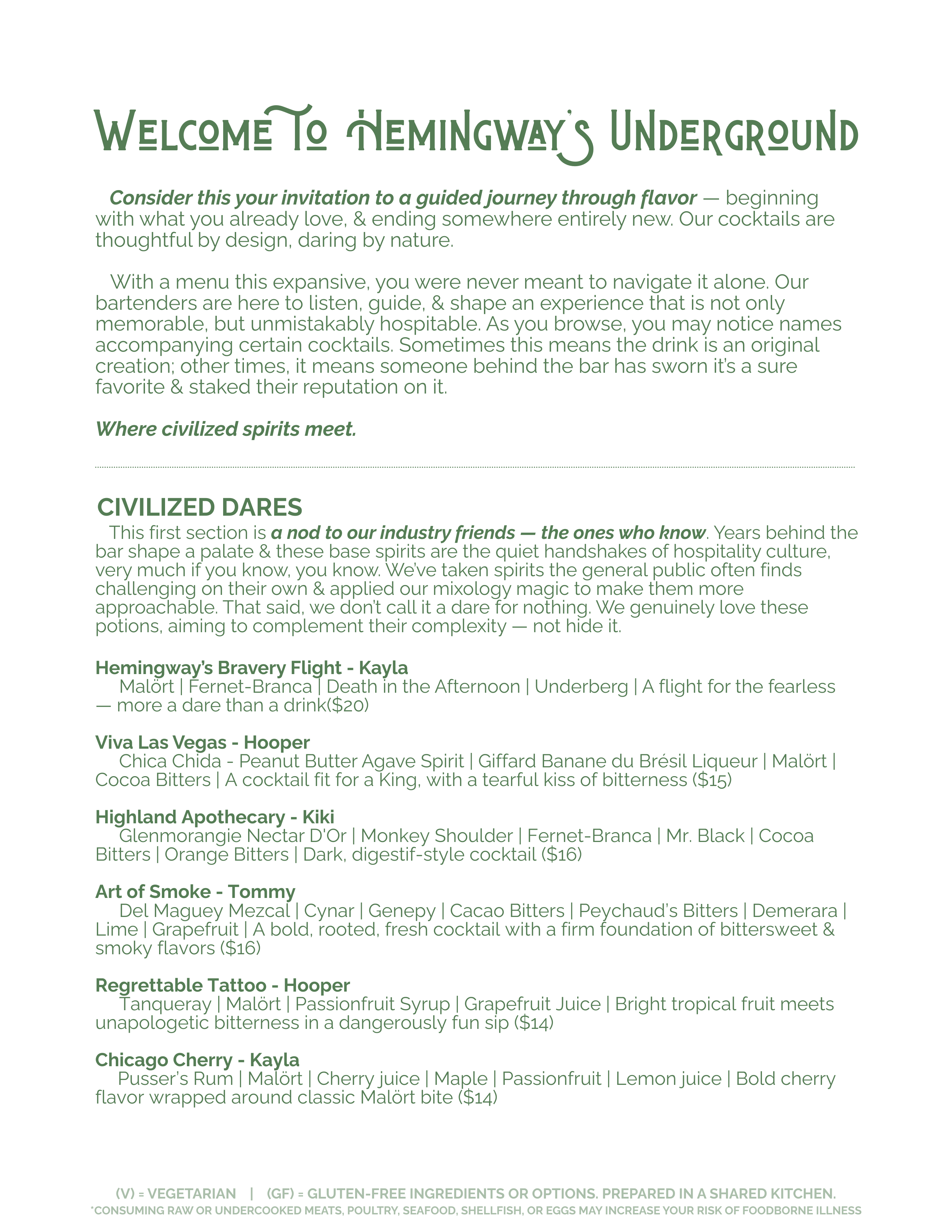MENU – Hemingway's Underground