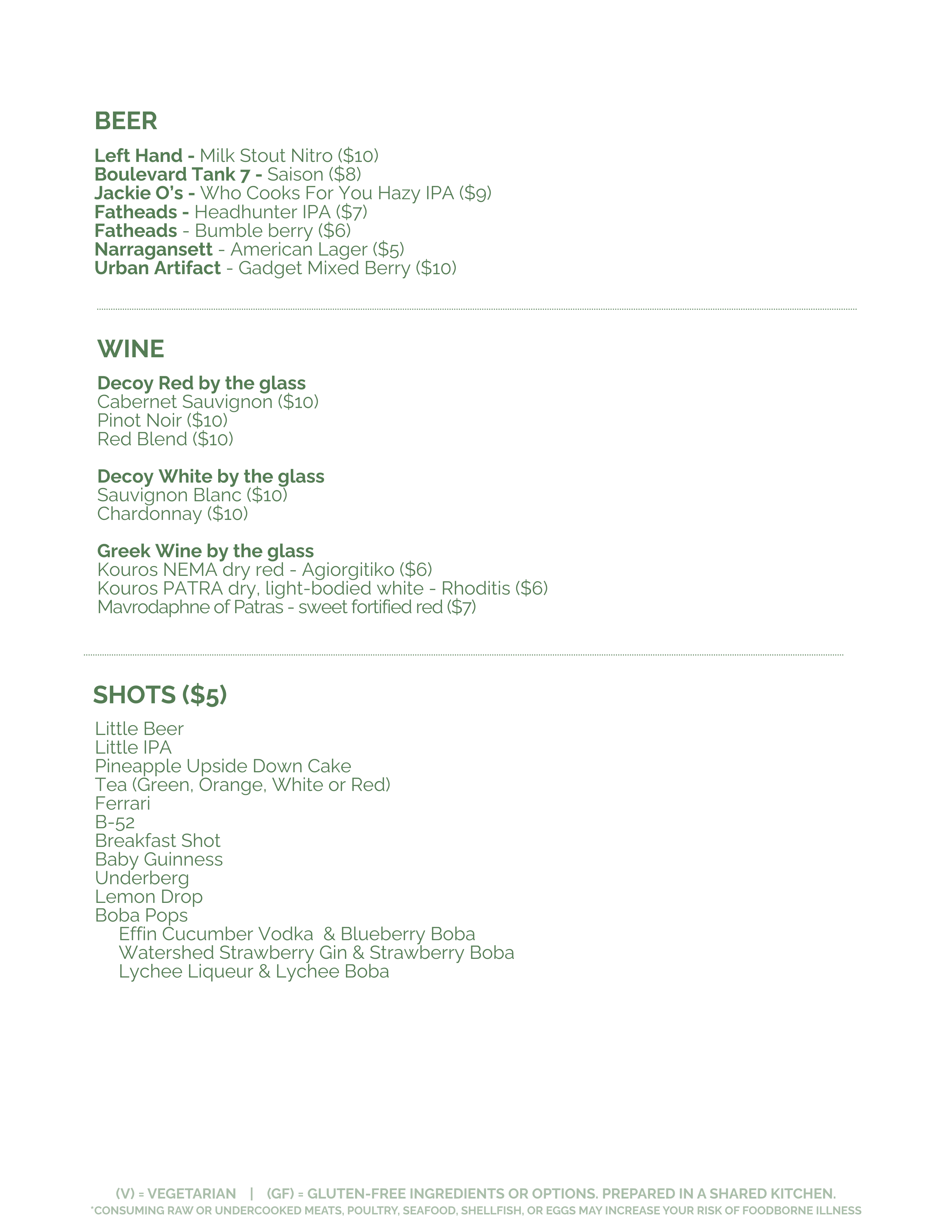 MENU – Hemingway's Underground